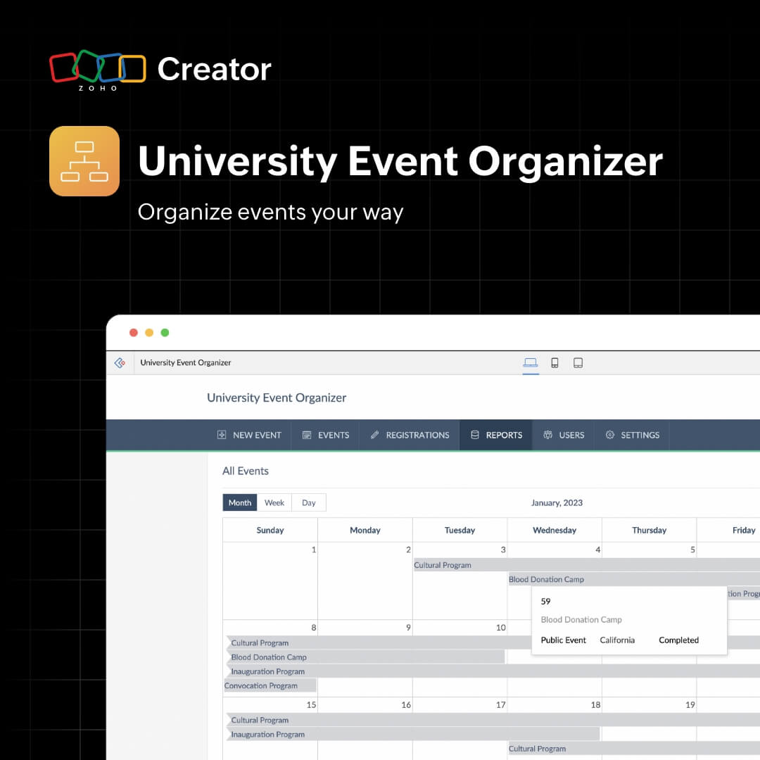 أداة تنظيم الأحداث الجامعية المخصصة | Zoho Creator